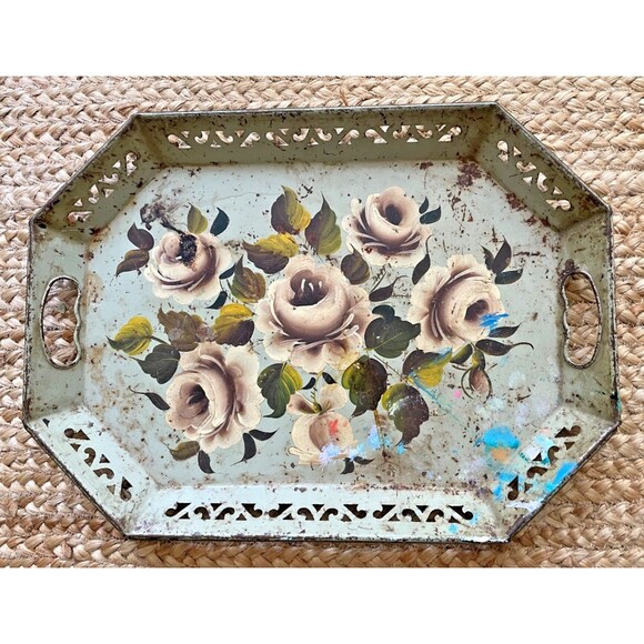 Nash Co. | Accents | Vintage Floral Metal Toleware Serving Tray Hand ...